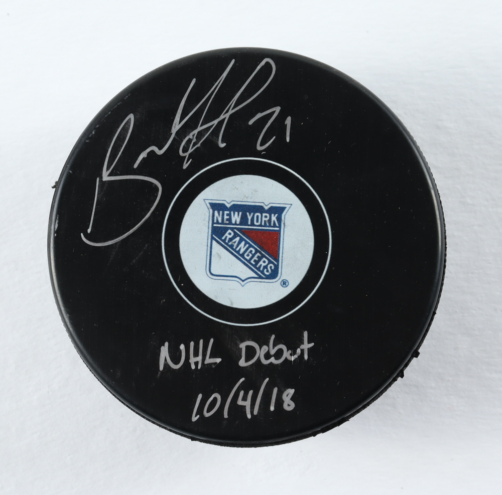 Brett Howden Signed Rangers Logo Hockey Puck Inscribed "NHL Debut 10/4 ...