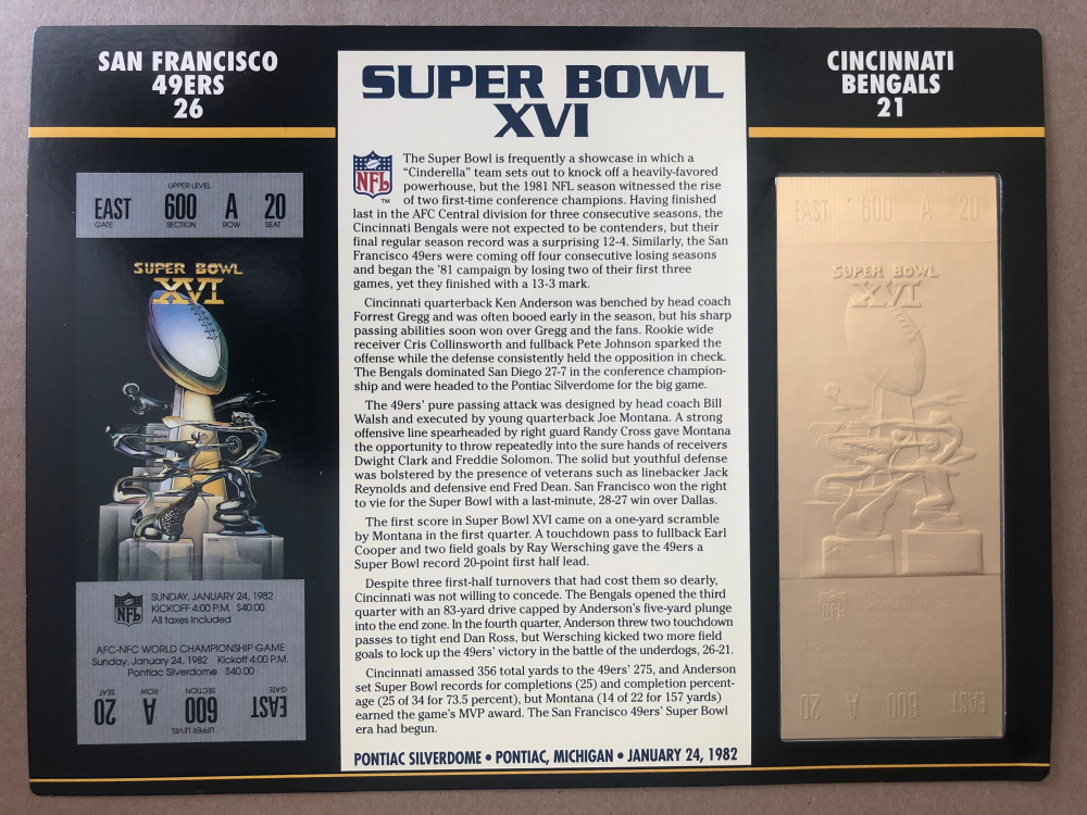 1982 Commemorative Super Bowl XVI Card with Ticket: 49ers vs Bengals ...