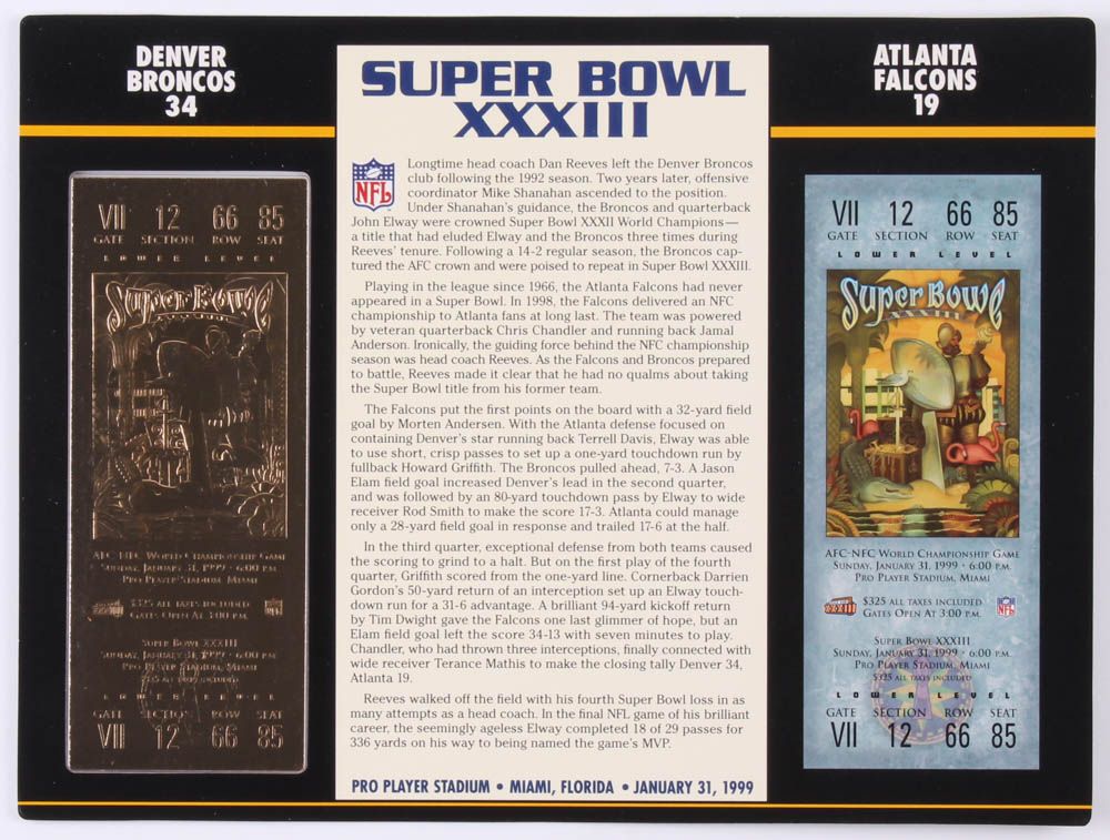 1999 Commemorative Super Bowl XXXIII Card with Ticket: Broncos vs Falcons | Pristine Auction