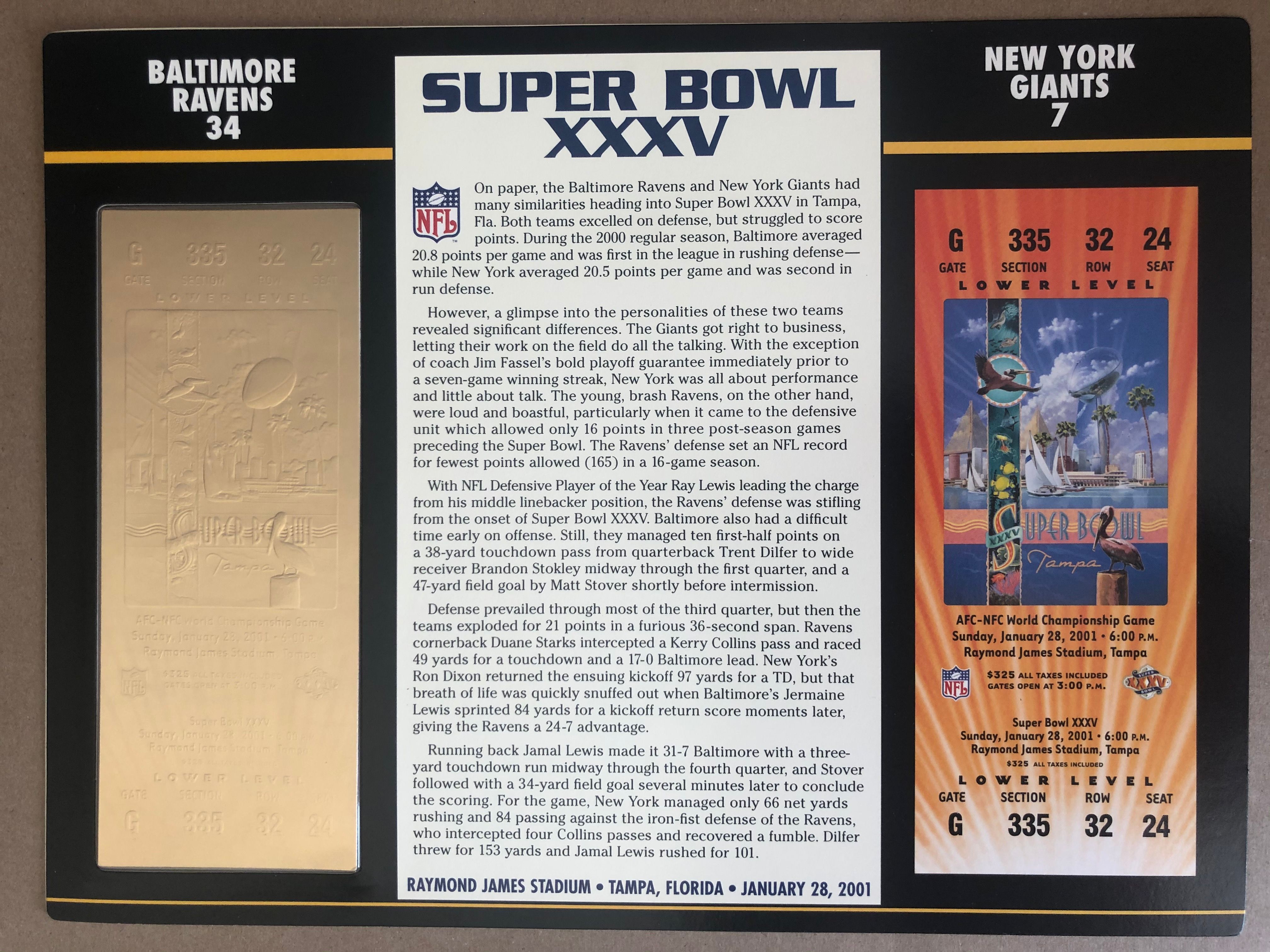 2001 Commemorative Super Bowl XXXV Card with Ticket: Ravens vs Giants ...