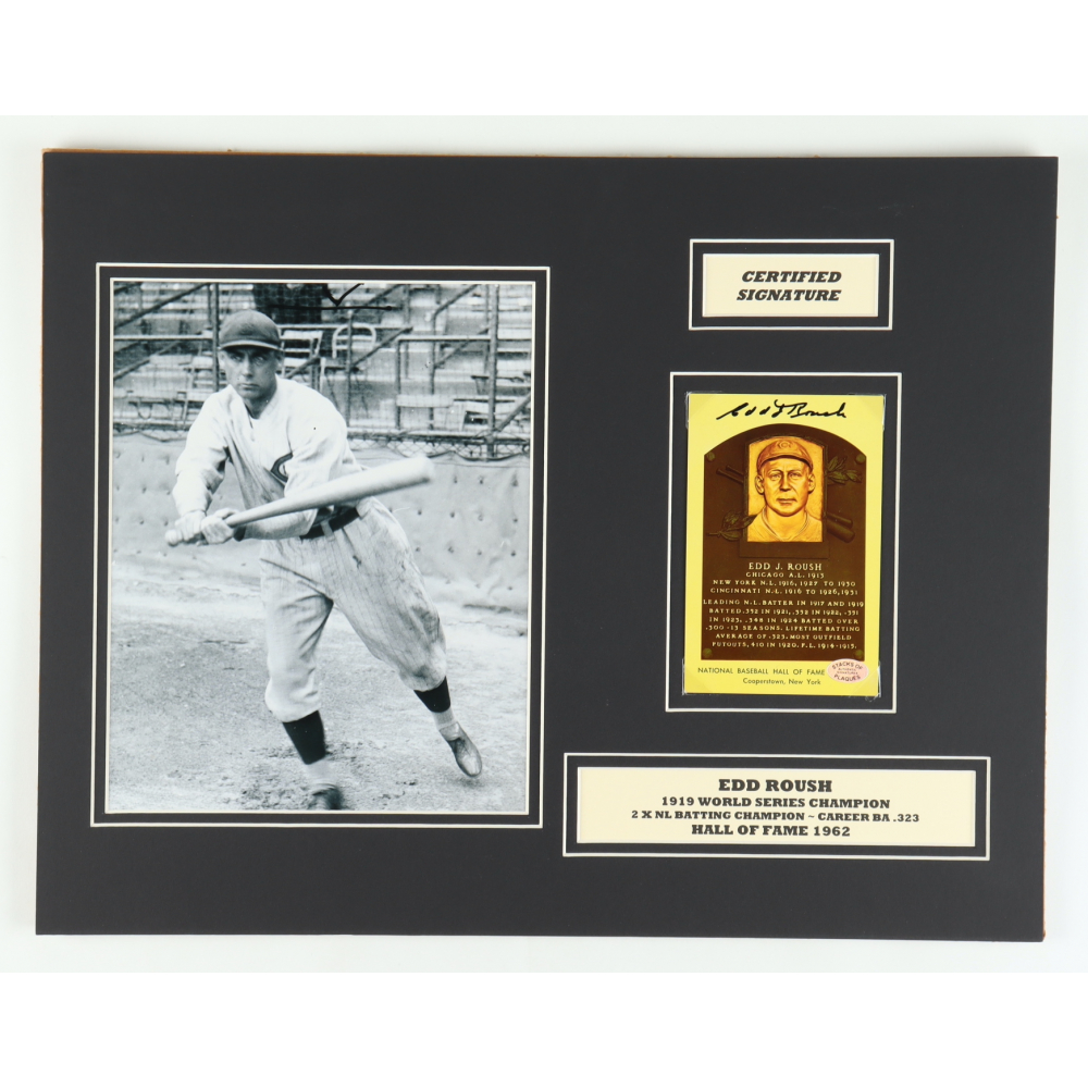 Edd Roush Signed Reds 14x18 Custom Matted Hall of Fame Plaque Postcard ...