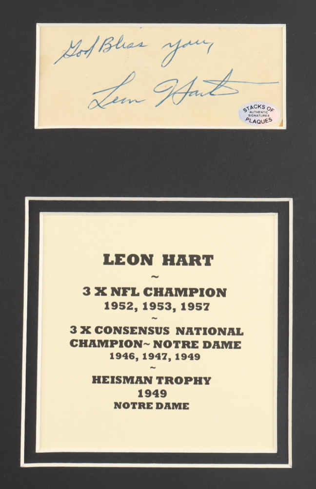 Leon Hart Signed 14x18 Custom Matted Cut Display Inscribed "God Bless ...