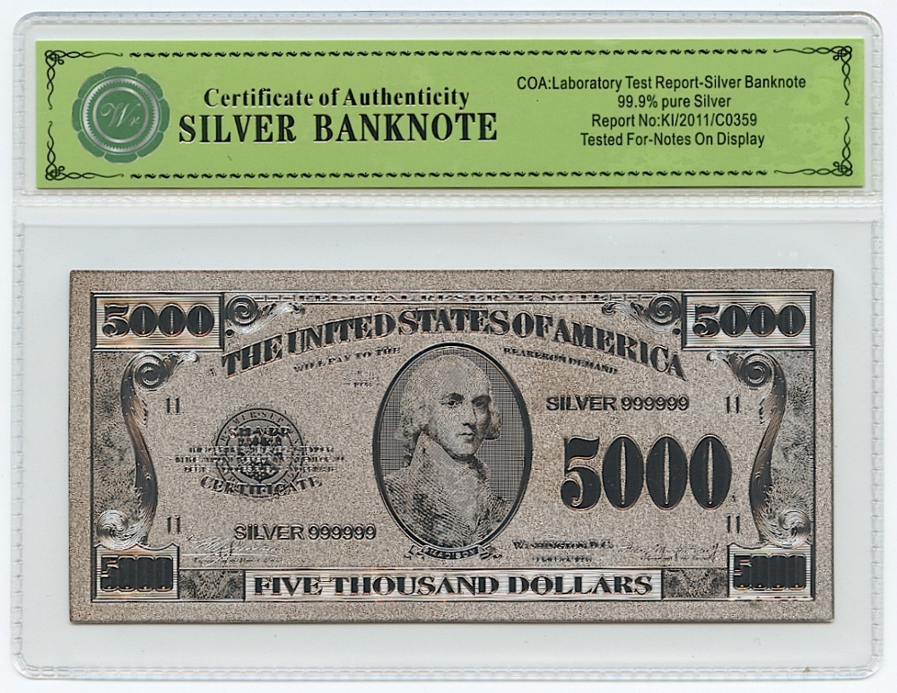 Silver Limited Edition US $5000 Banknote Bill | Pristine Auction