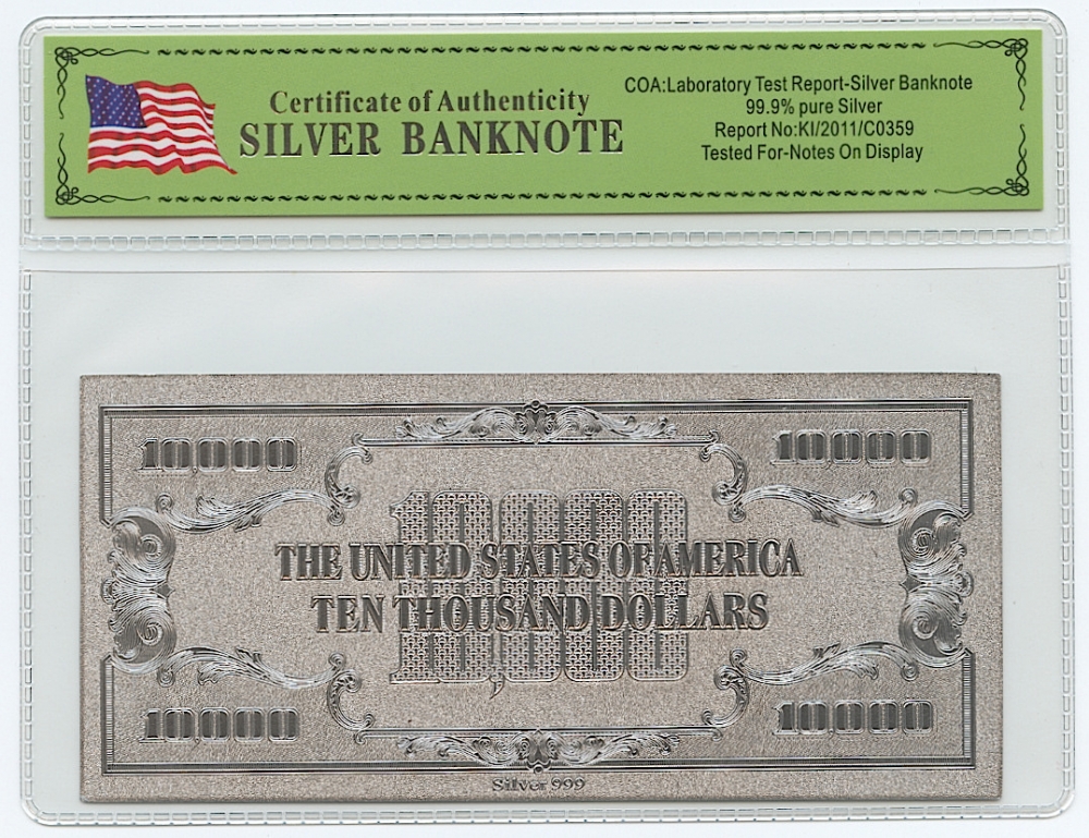 Silver Limited Edition US $10,000 Banknote Bill | Pristine Auction
