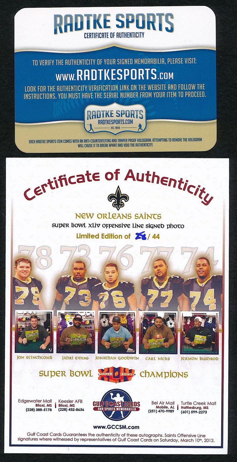 New Orleans Saints Super Bowl XLIV Offensive Line 8x10 Photo Signed By ...