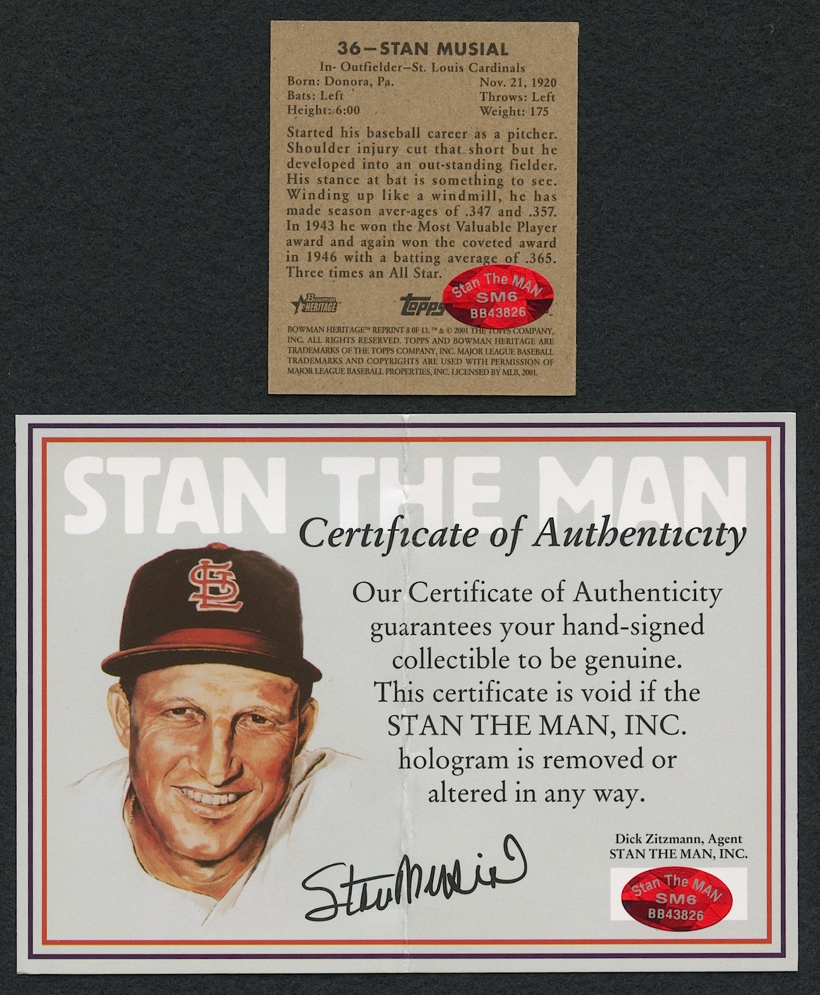 Stan Musial Signed 1948 Bowman #36 Rookie Card Reprint (Musial COA ...