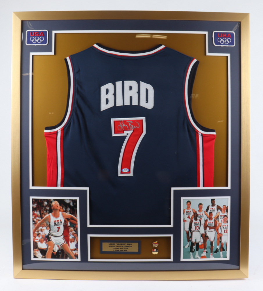 Larry Bird Signed 32x36 Custom Framed Jersey Display With (2) Olympic Pins (PSA) | Pristine Auction