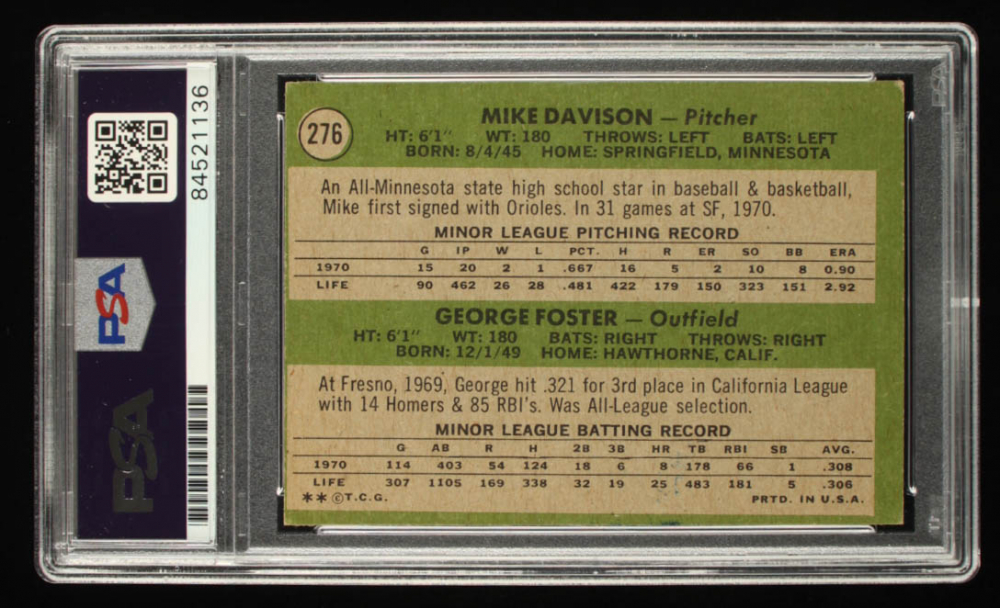 George Foster Signed Mike Davison / George Foster 1971 Topps #276 ...