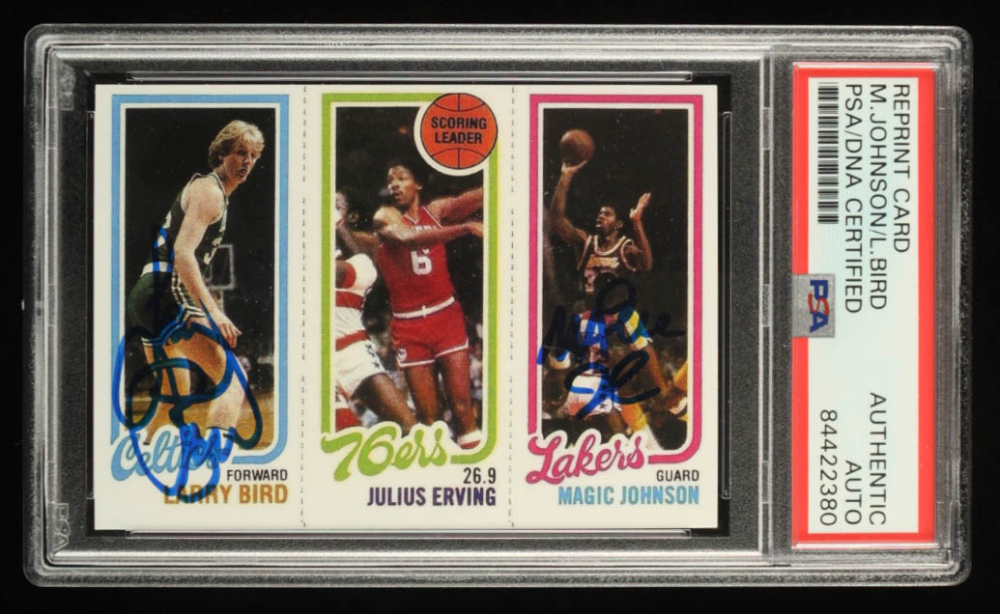 Magic Johnson & Larry Bird Signed Julius Erving TL / 1980-81 Topps #6 Reprint (PSA) | Pristine ...