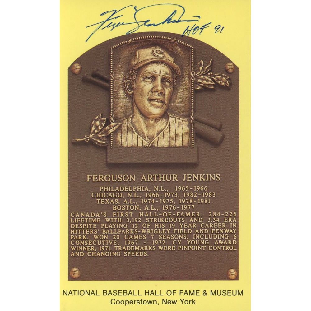Ferguson Jenkins Signed Hall of Fame Plaque Postcard Inscribed "HOF 91 ...