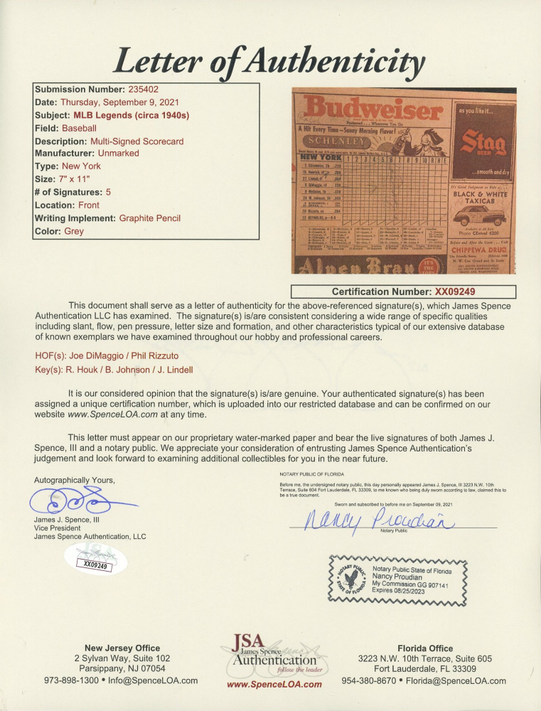 Vintage Yankees Budweiser 7x11 Scorecard Signed by (5) with Joe ...