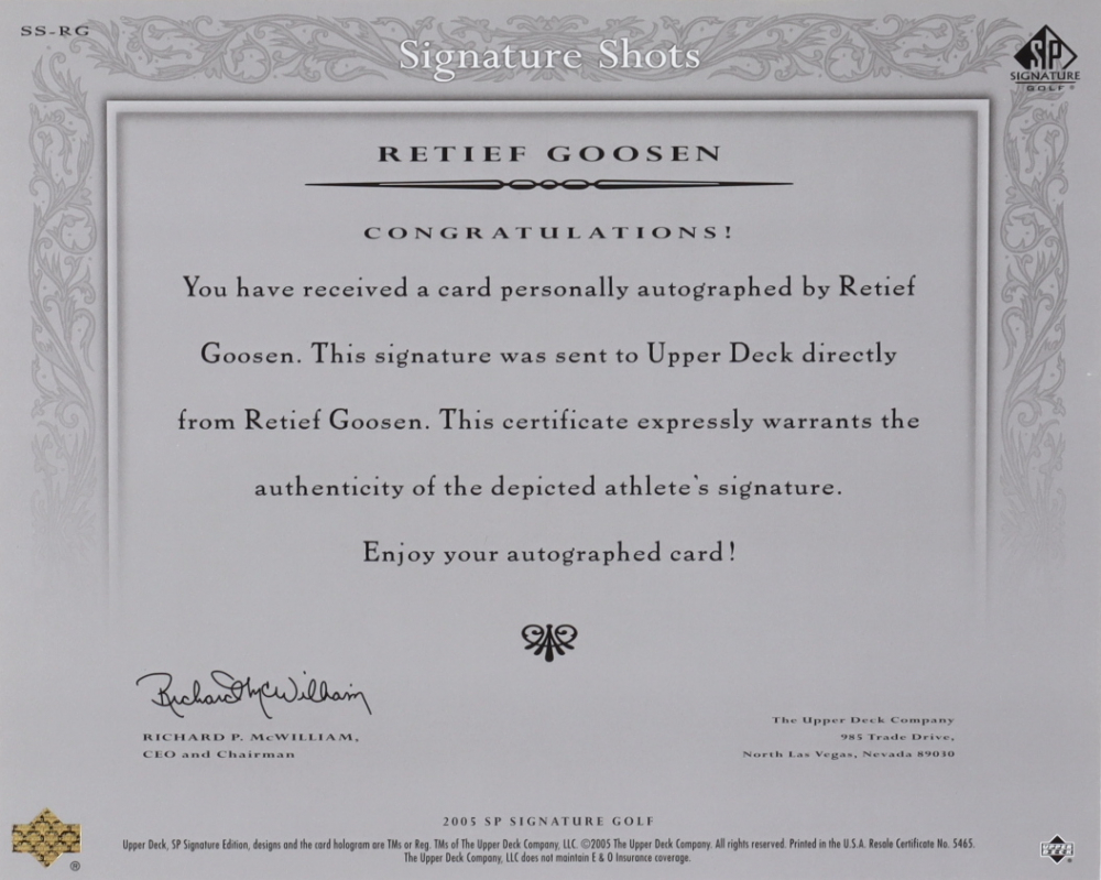 Retief Goosen 2005 SP Signature Shots 8x10 #RG | Pristine Auction