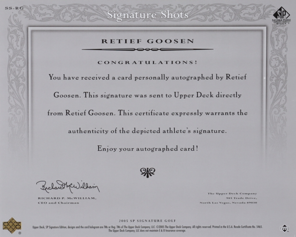 Retief Goosen 2005 SP Signature Shots 8x10 #RG | Pristine Auction