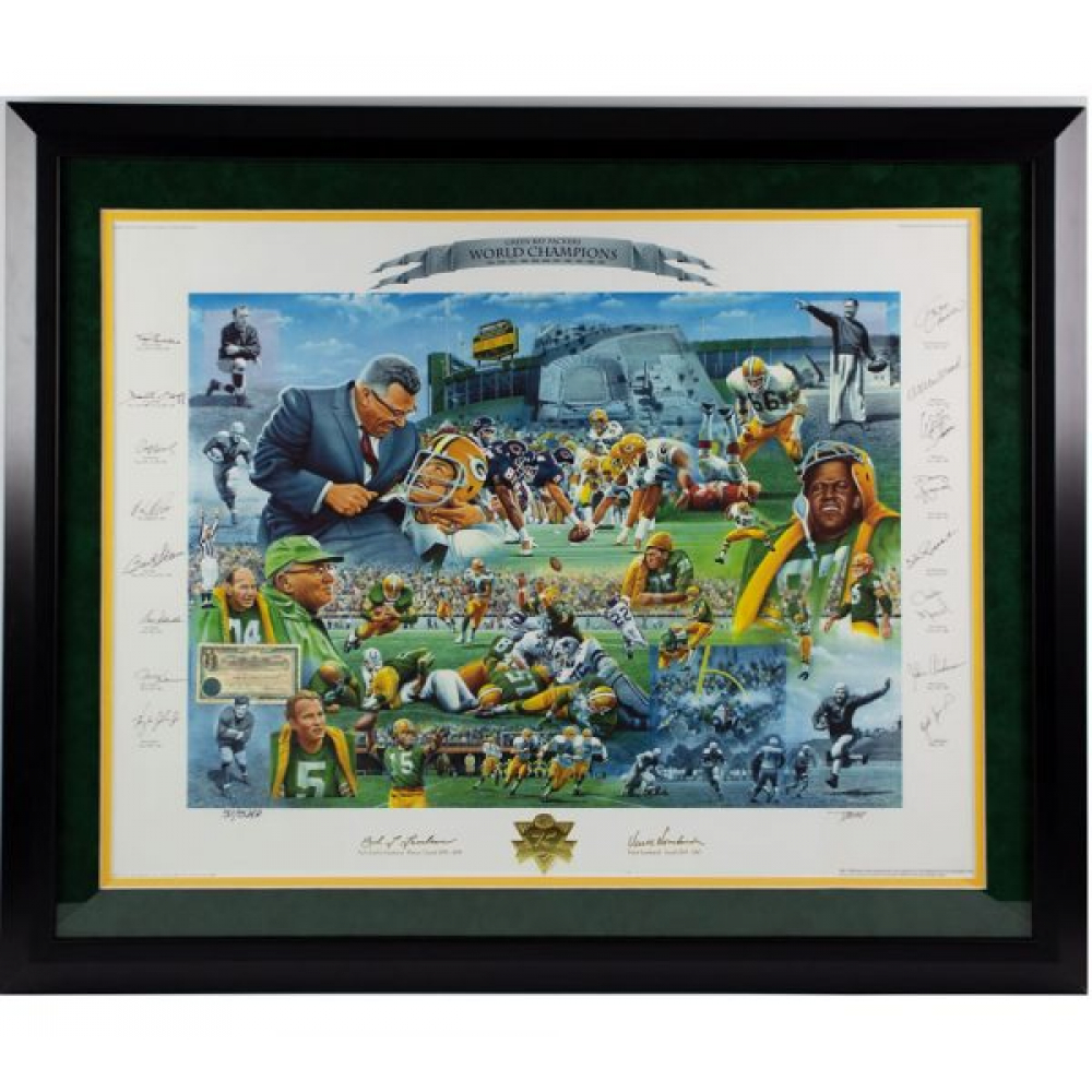 Packers World Champions LE 27x36 Custom Framed Lithograph Signed by (16 ...