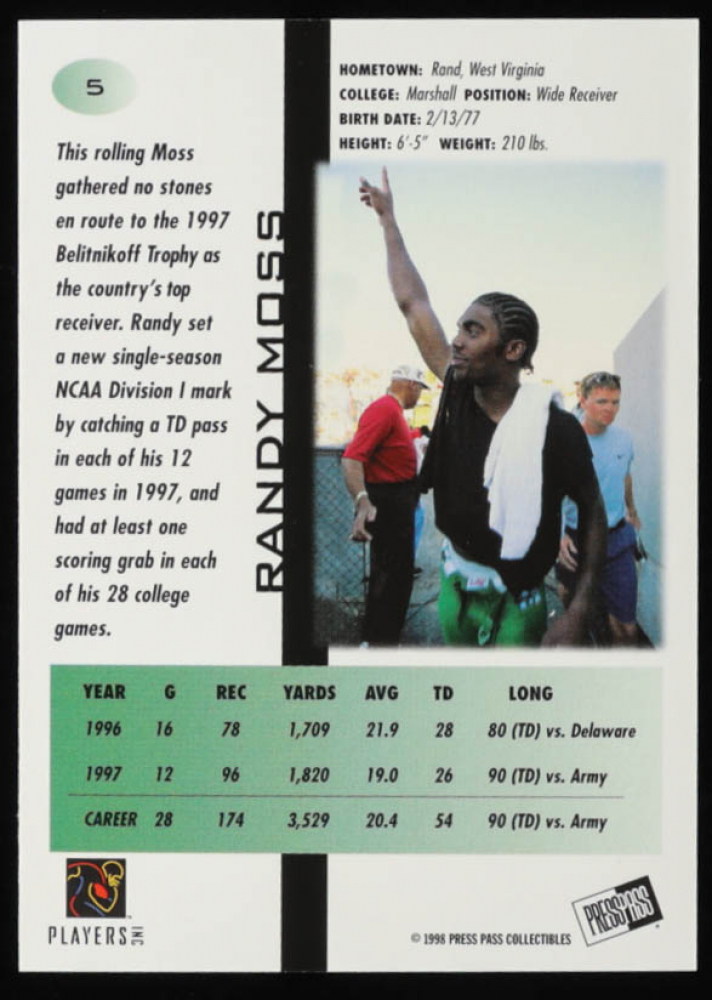 Randy Moss 1998 Press Pass Paydirt Red #5 RC | Pristine Auction