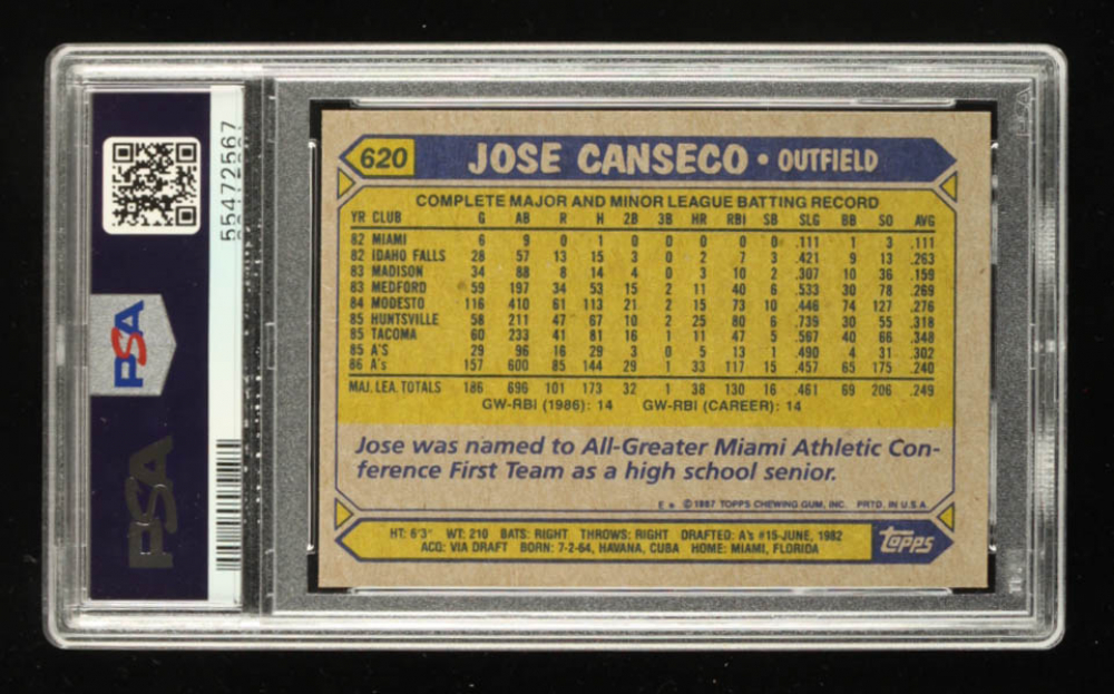 Jose Canseco 1987 Topps #620 (PSA 8) | Pristine Auction