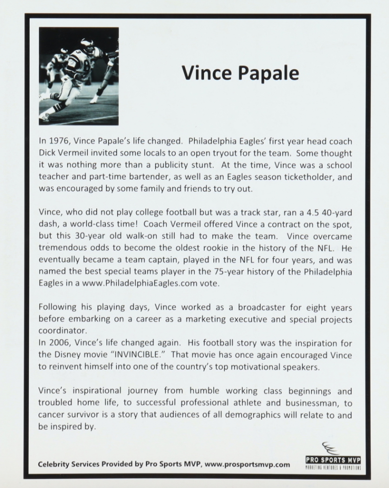 Vince Papale Signed Eagles 8x10 Photo Inscribed "Be Invincible" (JSA ...