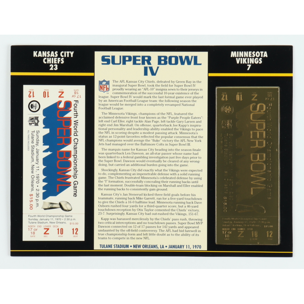 1970 Commemorative Super Bowl IV Card with Ticket: Chiefs vs Vikings ...