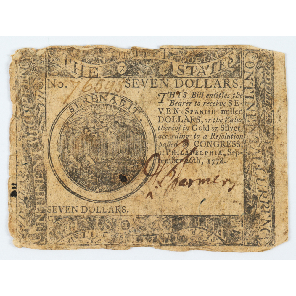1778 $7 Seven Dollars - Philadelphia - Colonial Currency Note ...