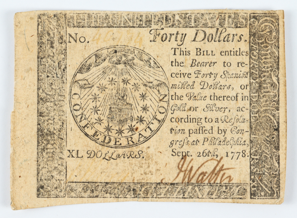 1778 $40 Forty Dollars - Philadelphia - Colonial Currency Note ...