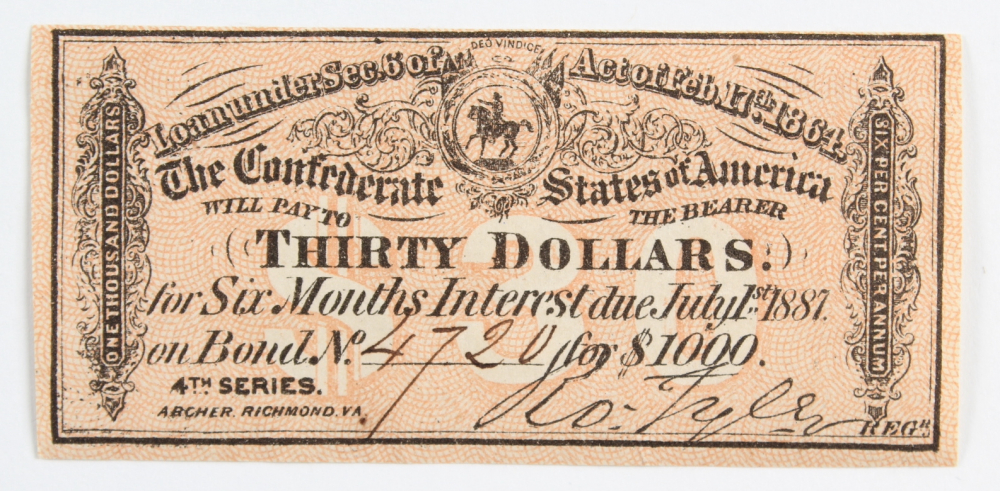 1864 $30 Thirty Dollars Confederate States of America Richmond CSA Bank ...