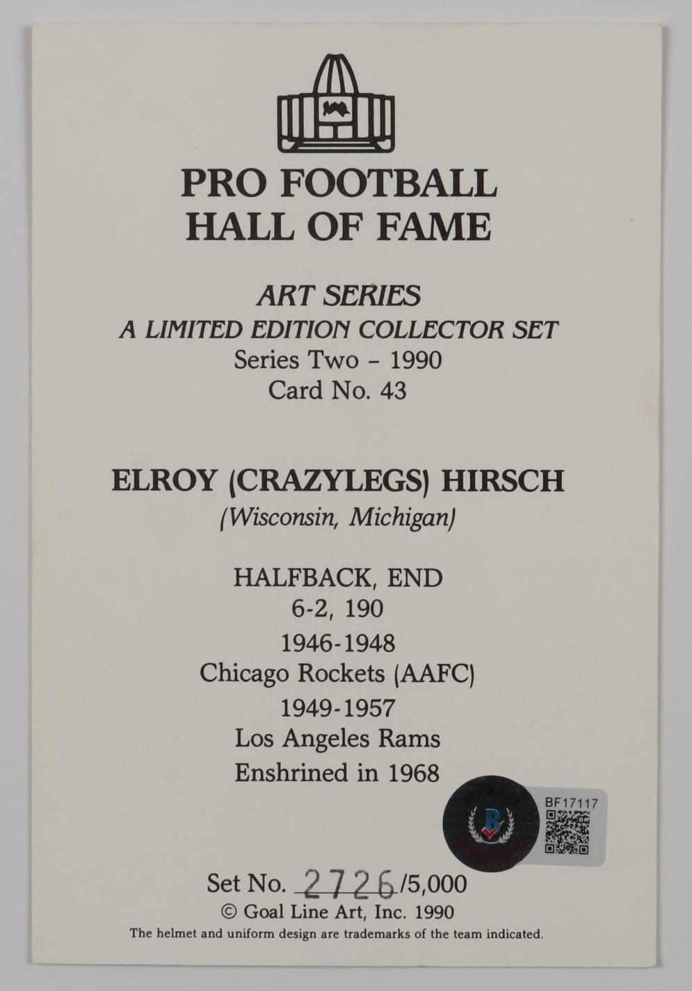 Elroy "Crazylegs" Hirsch Signed LE Rams Pro HOF Card (Beckett ...