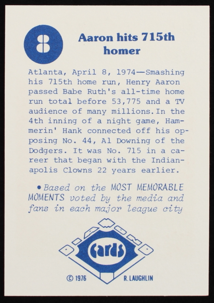 Hank Aaron 1976 Laughlin Diamond Jubilee #8 | Pristine Auction