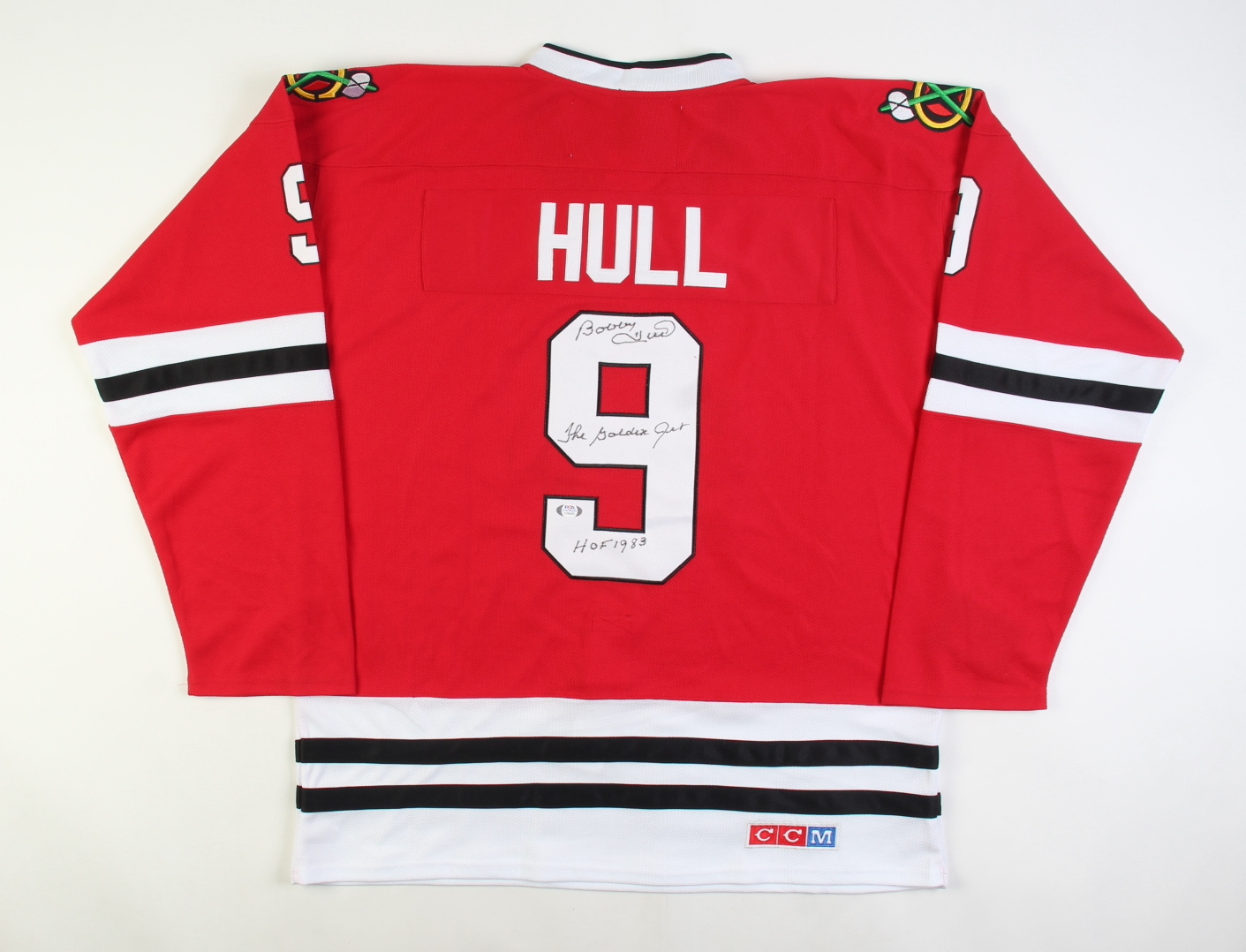 Bobby Hull Signed Blackhawks Jersey Inscribed "The Golden Jet" & "HOF ...