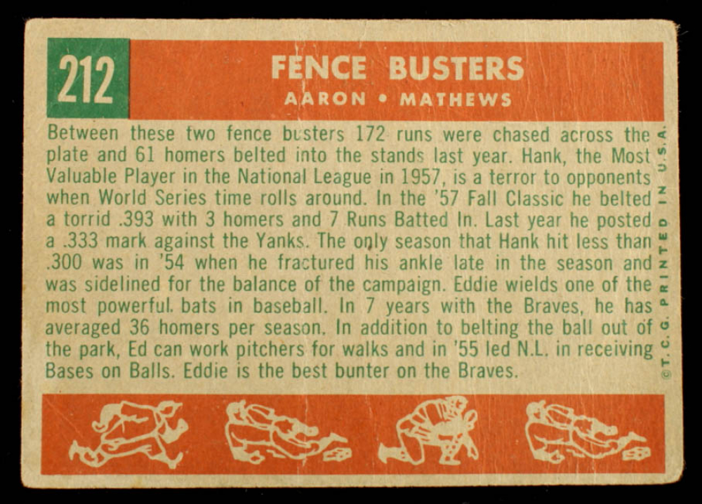 Hank Aaron / Eddie Mathews 1959 Topps Fence Busters #212 | Pristine Auction