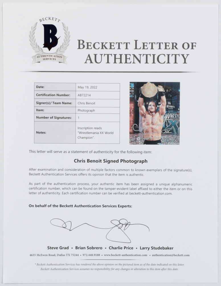 Chris Benoit Signed WWE 8x10 Photo Inscribed "Wrestlemania XX World ...