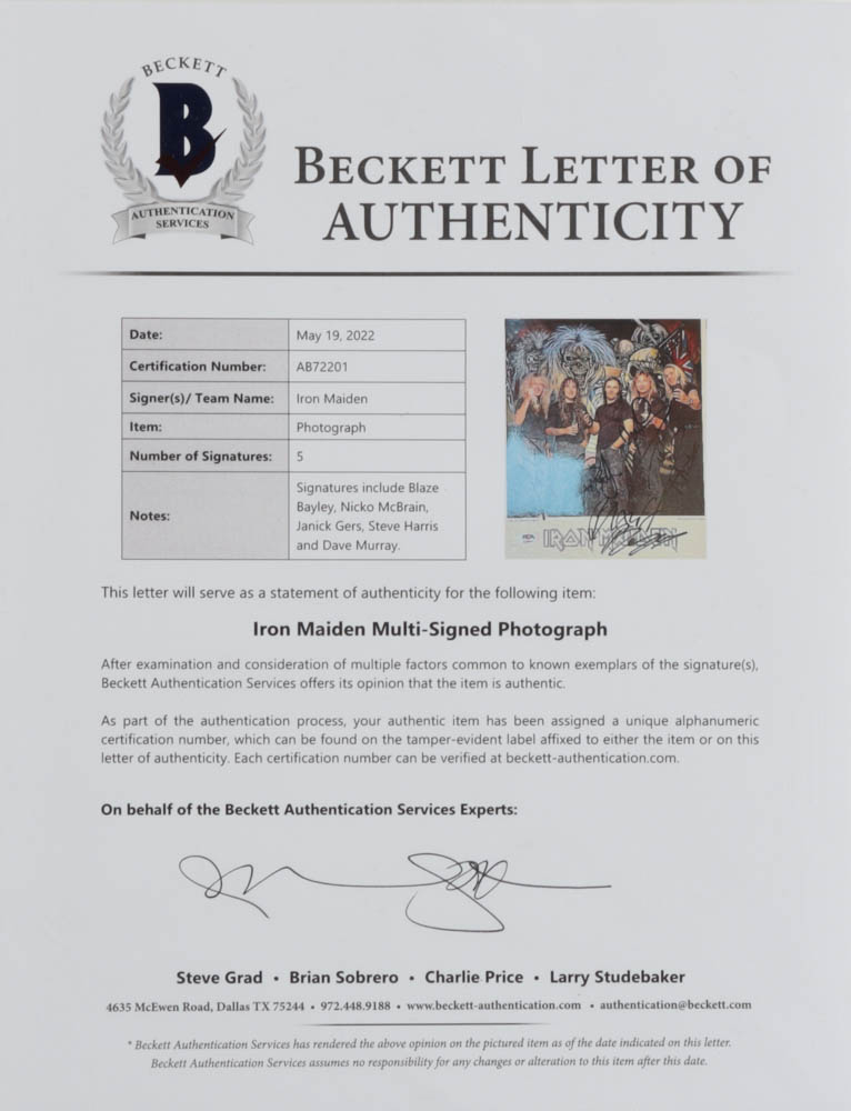 Iron Maiden 8x10 Photo Band-Signed by (5) with Steve Harris, Nicko ...