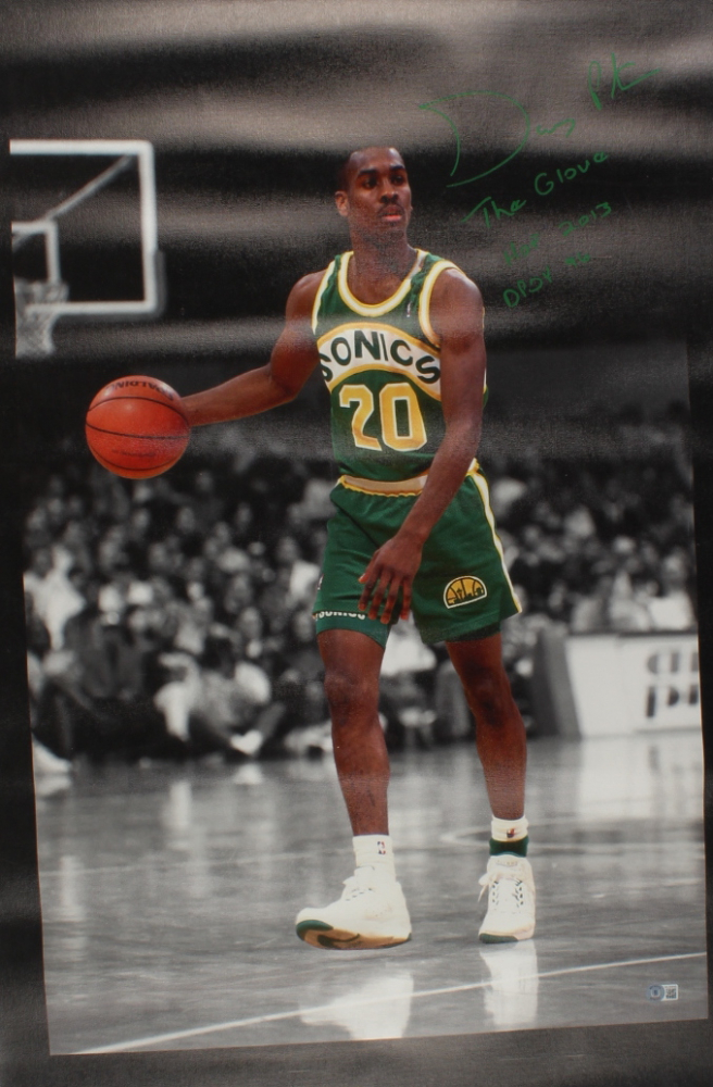 Gary Payton Signed Sonics 24x38 Photo On Canvas Inscribed "The Glove ...