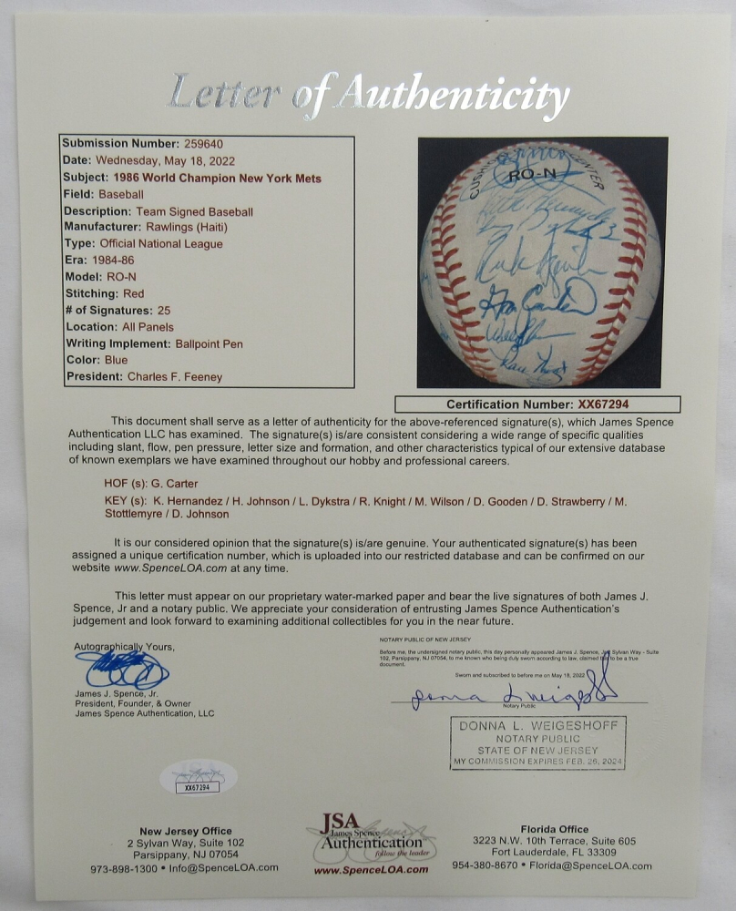 1986 Mets ONL Baseball Team-Signed by (25) with Dwight Gooden, Darryl ...