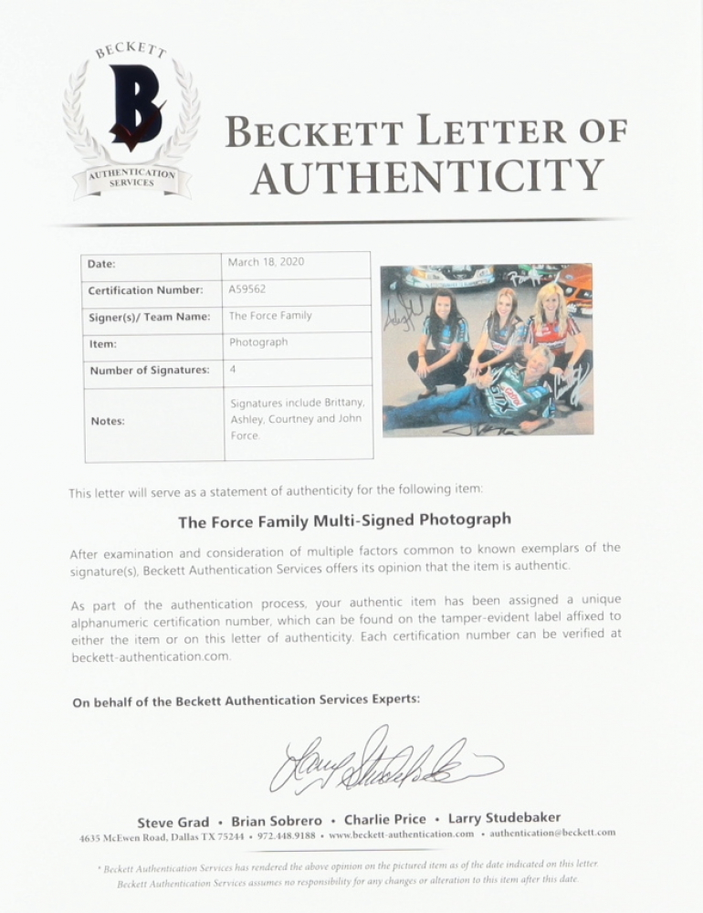 Force Family Racing 8x10 Photo Signed by (4) with John Force, Brittany ...