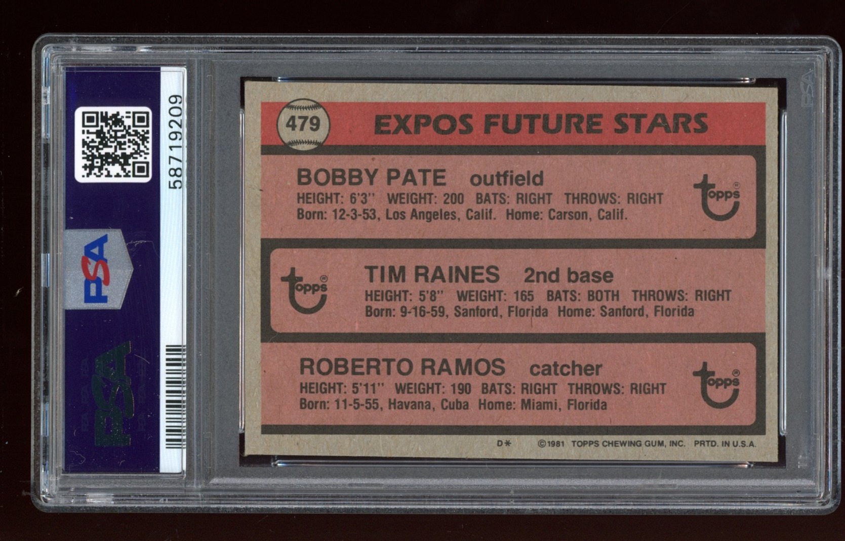 Tim Raines RC / Roberto Ramos RC / Bobby Pate RC 1981 Topps #479 (PSA 8 ...