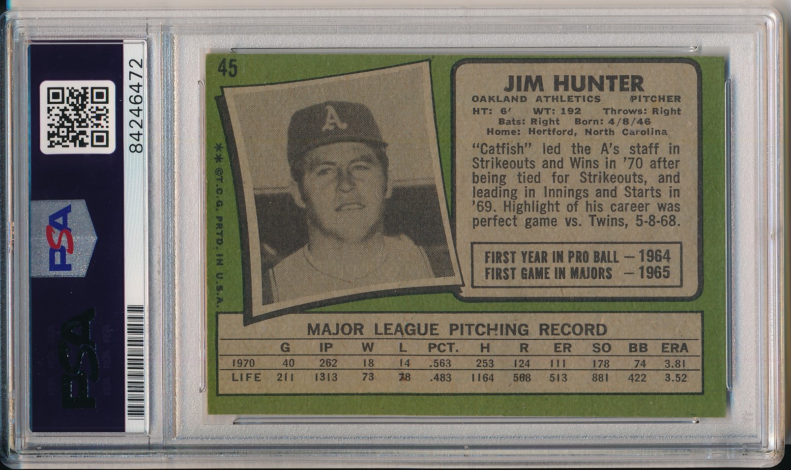 Jim "Catfish" Hunter Signed 1971 Topps #45 Baseball Card (PSA ...