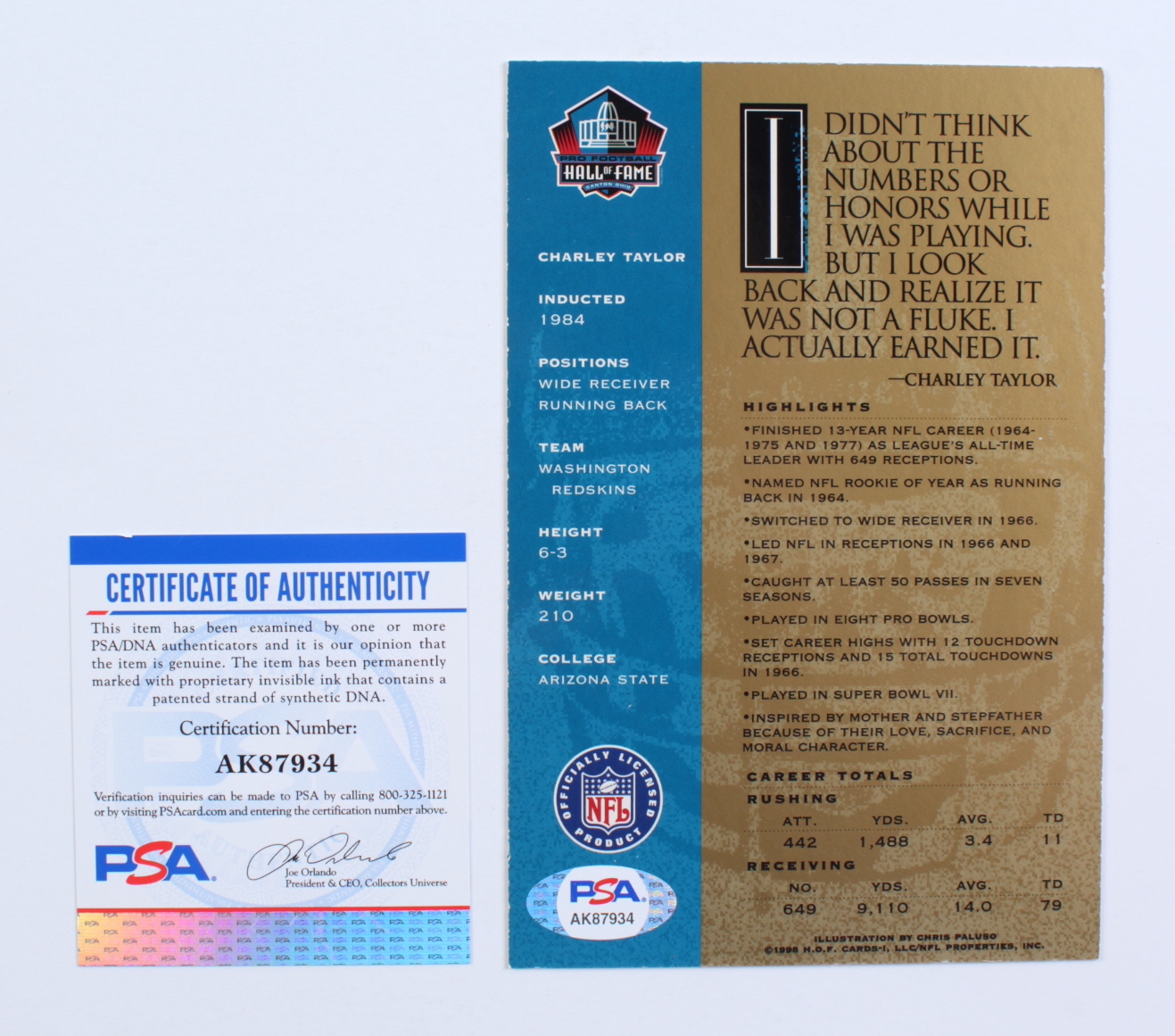 Charley Taylor Signed Hall of Fame Signature Series Card Inscribed "HOF ...
