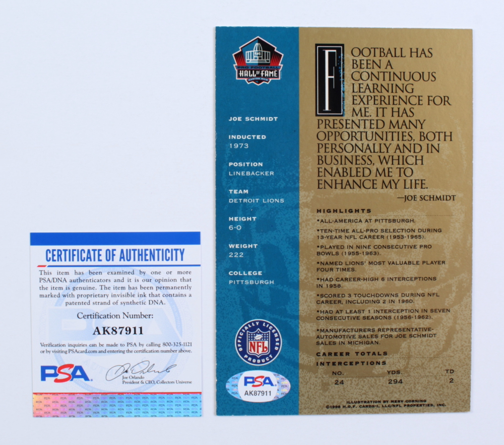 Joe Schmidt Signed Hall of Fame Signature Series Card Inscribed "HOF 73 ...
