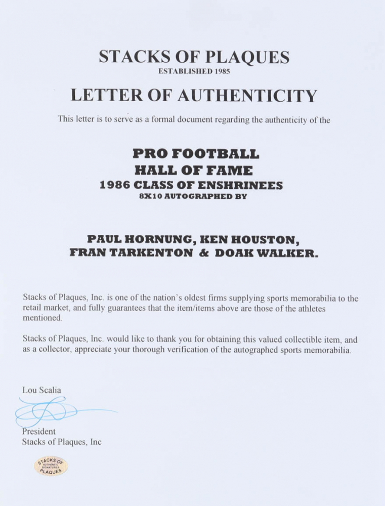 1986 Pro Football Hall Of Fame Enshrinees 8x10 Photo Signed by (4) with ...