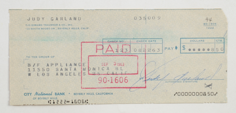 Judy Garland Signed 1963 Personal Bank Check (JSA) | Pristine Auction