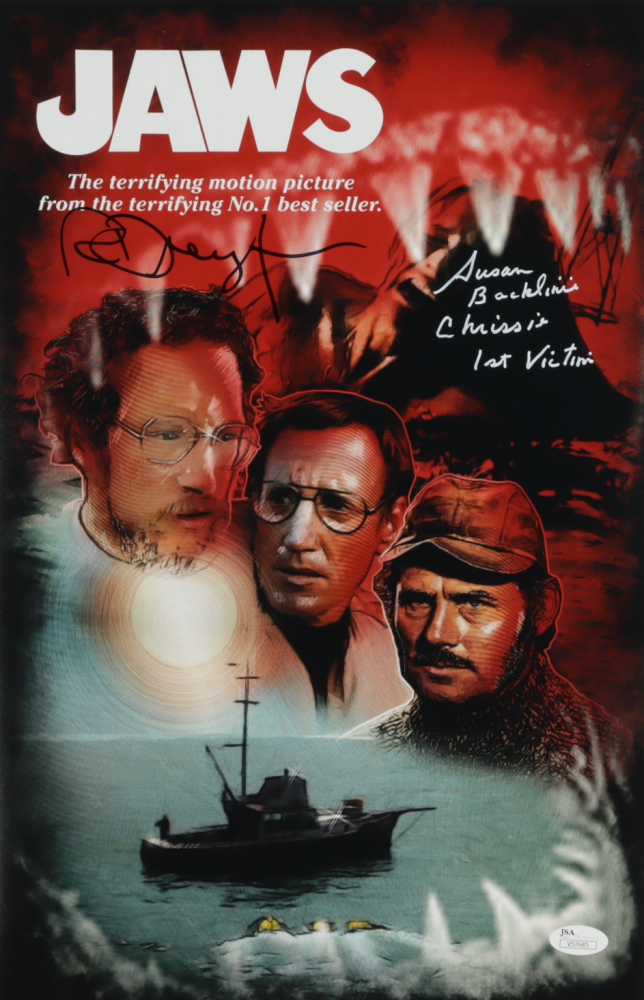 Richard Dreyfuss & Susan Backlinie Signed "Jaws" 11x17 Poster Inscribed "Chrissie" & "1st Victim ...