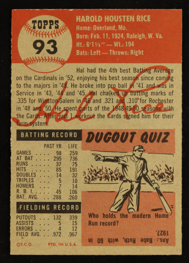Hal Rice 1953 Topps #93 DP | Pristine Auction