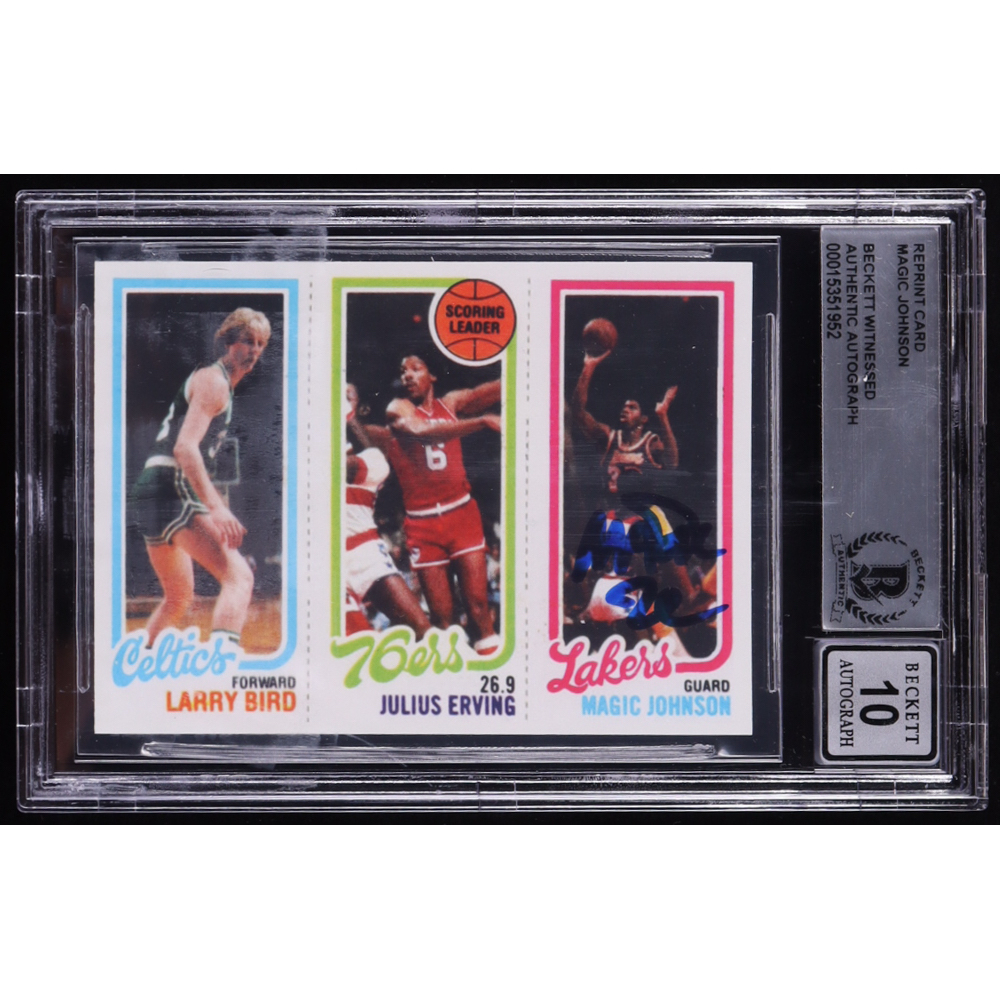 Magic Johnson Signed 1980-81 Topps #6 Larry Bird #34 RC / Julius Erving ...