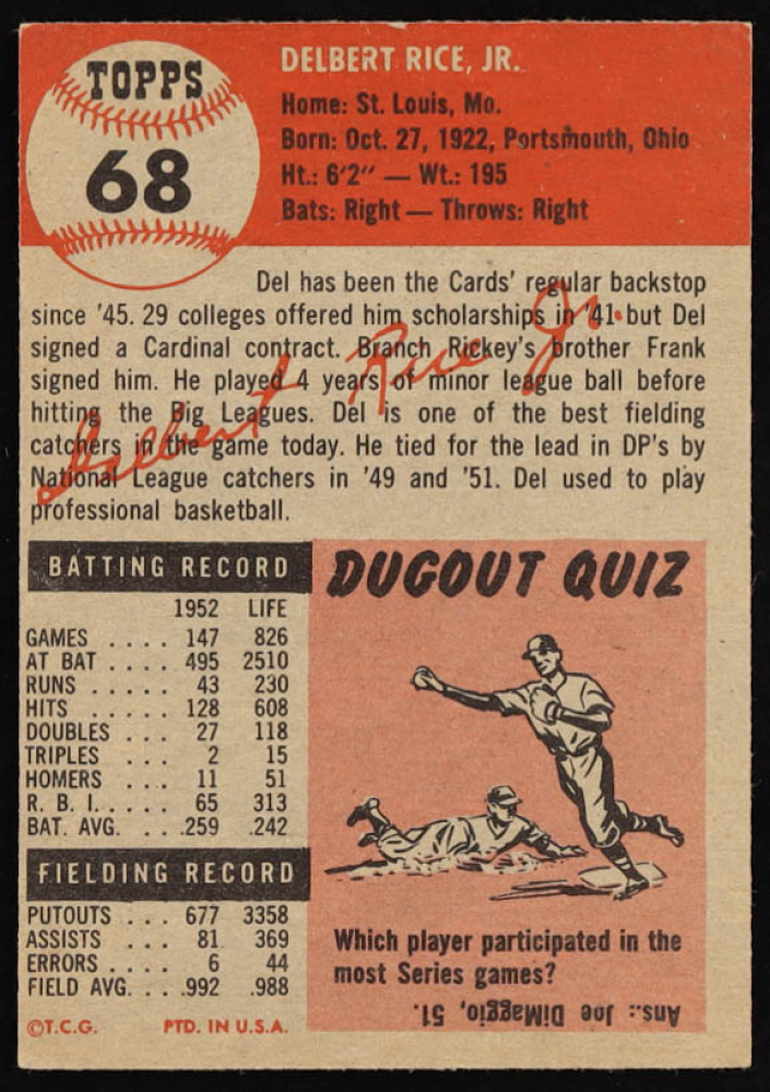 Del Rice 1953 Topps #68 | Pristine Auction
