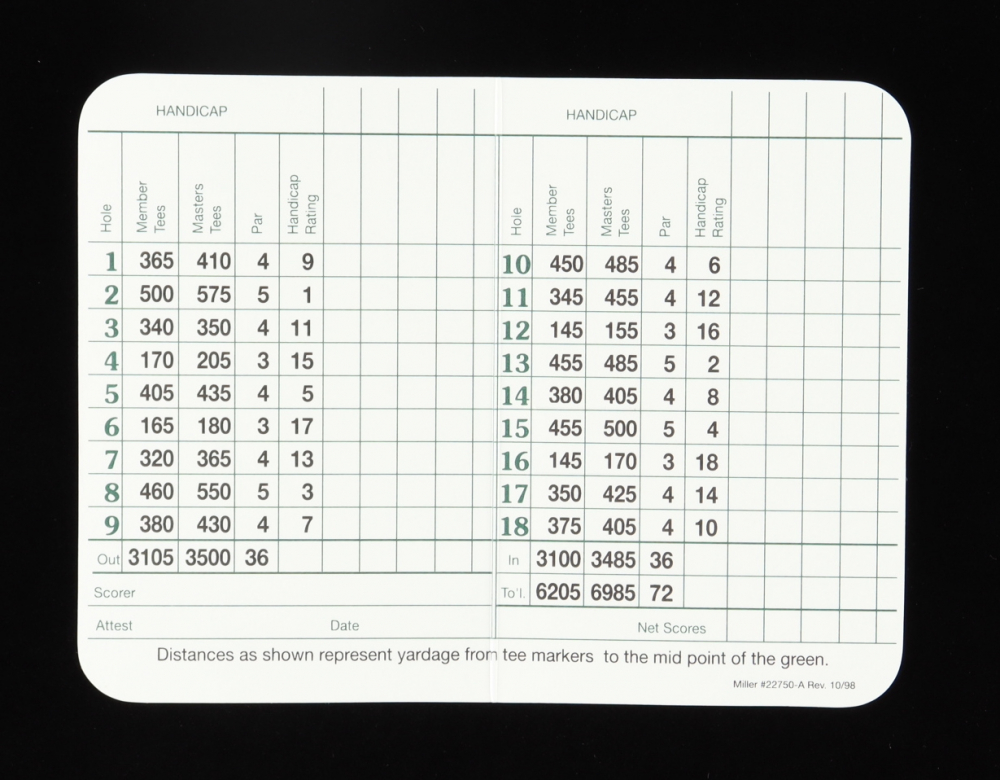 Jim Nantz Signed Augusta National Golf Club Score Card Inscribed "CBS ...