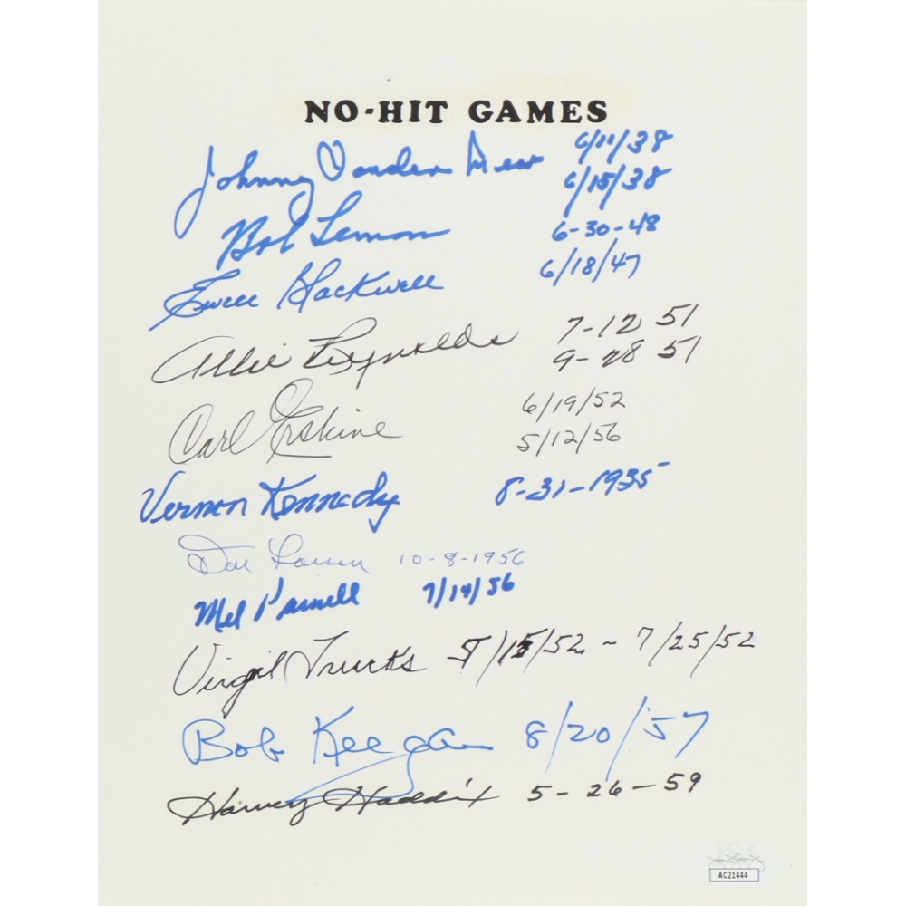 "No-Hit Games" 8x10 Sheet Signed by (11) with Johnny Vander Meer, Bob ...
