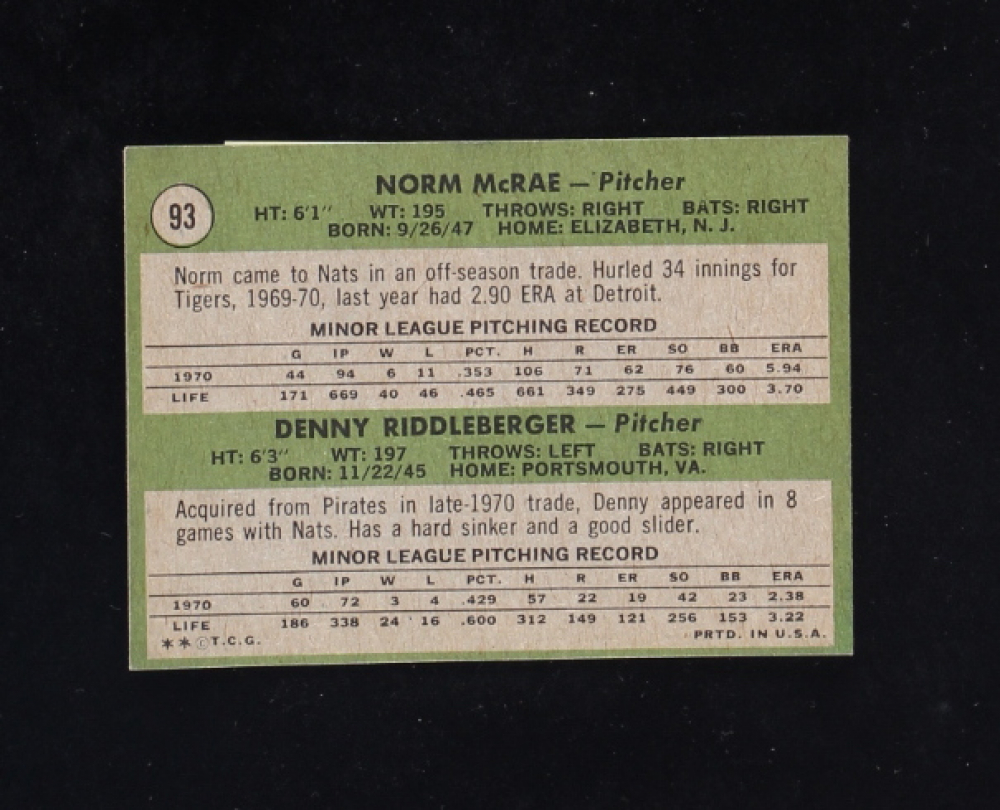 Norm McRae / Denny Riddleberger 1971 Topps #93 Rookie Stars RC ...