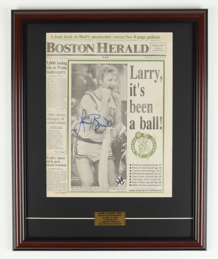 Larry Bird Signed 17x21 Custom Framed Newspaper Display (Bird ...