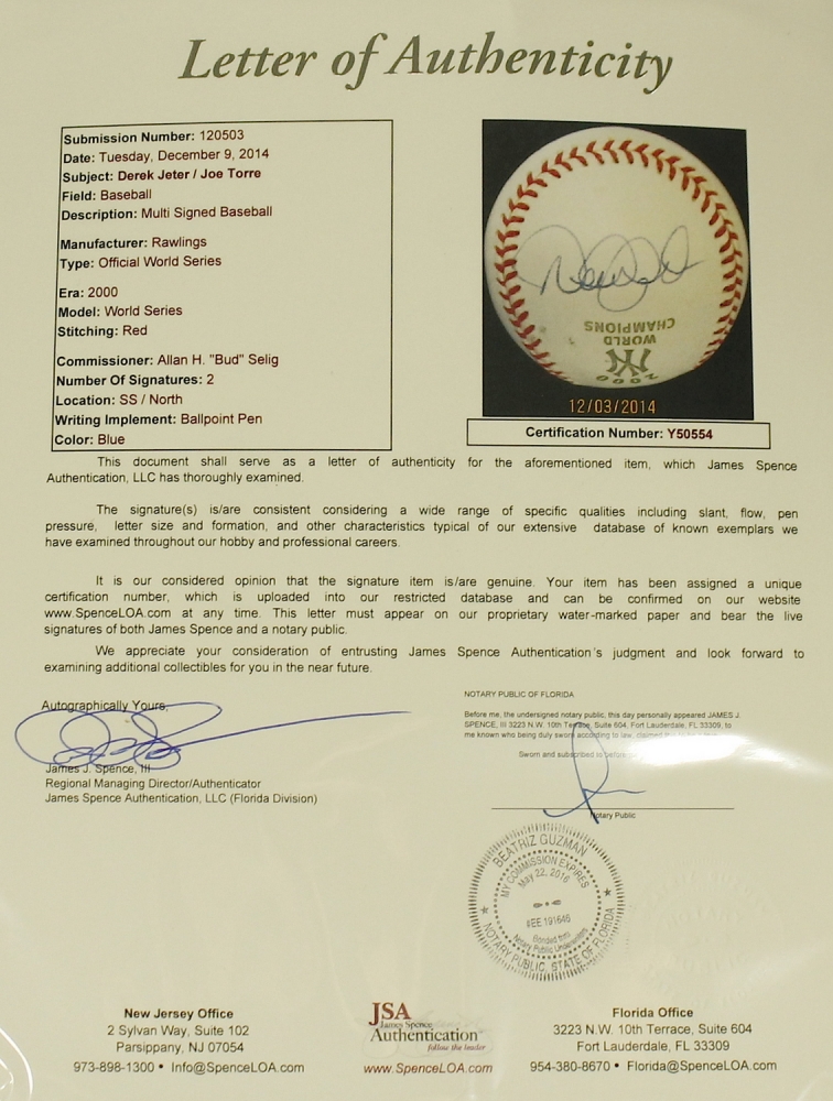 Derek Jeter & Joe Torre Signed Yankees Commemorative 2000 World Series Baseball (JSA LOA ...