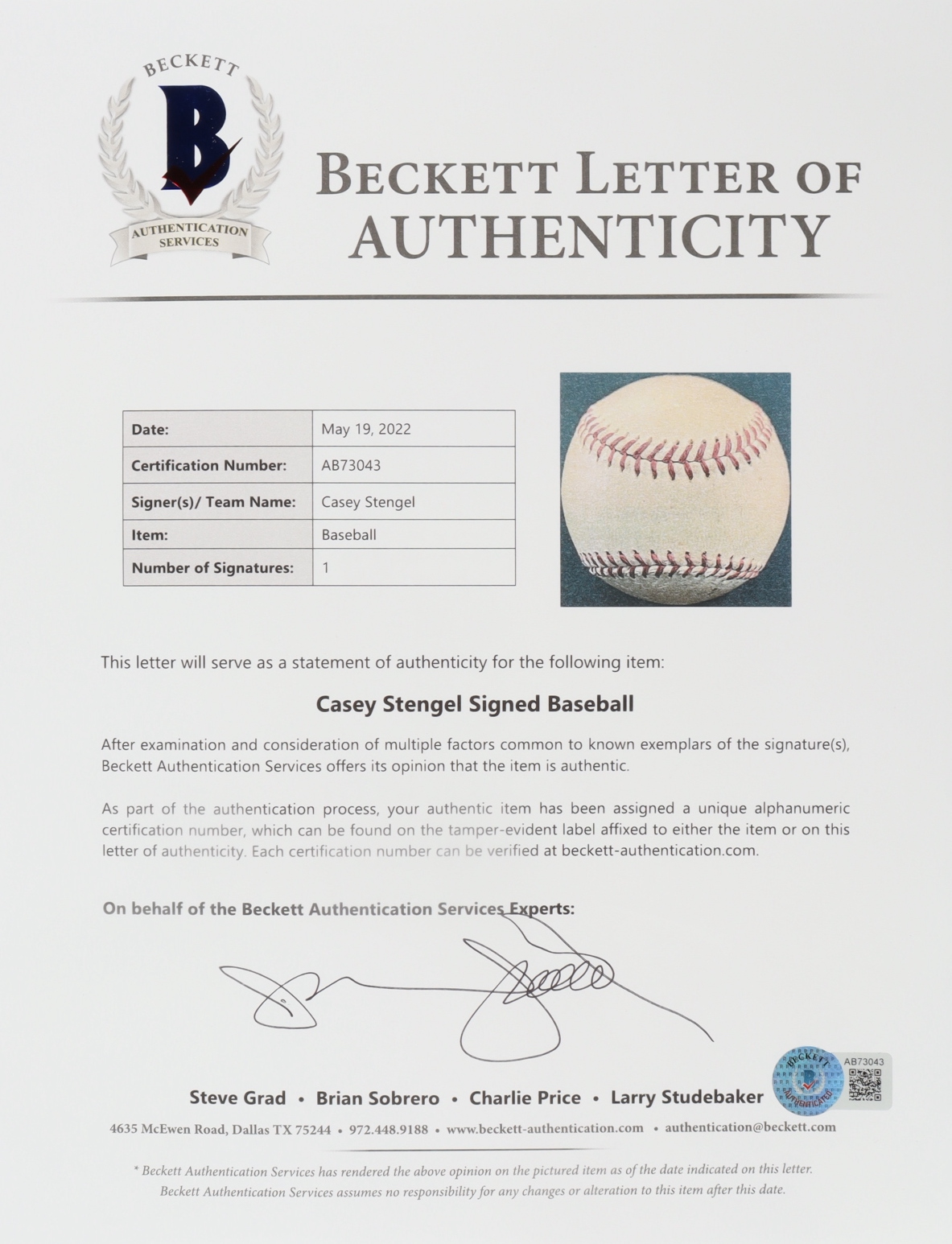 Casey Stengel Signed ONL Baseball (Beckett) | Pristine Auction